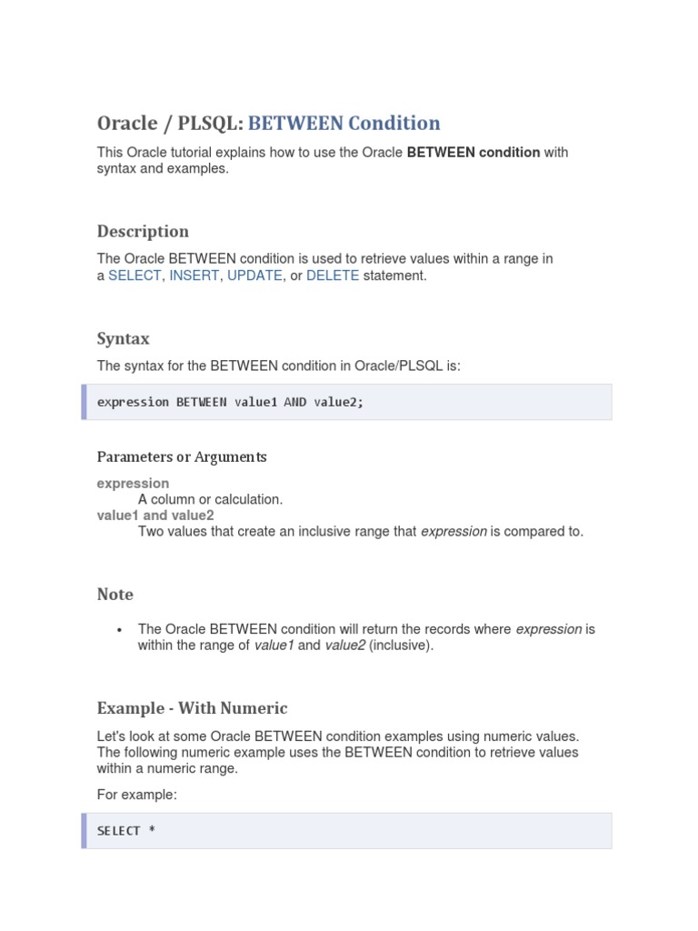 Oracle / PLSQL:: BETWEEN Condition | PDF | Data Management | Databases