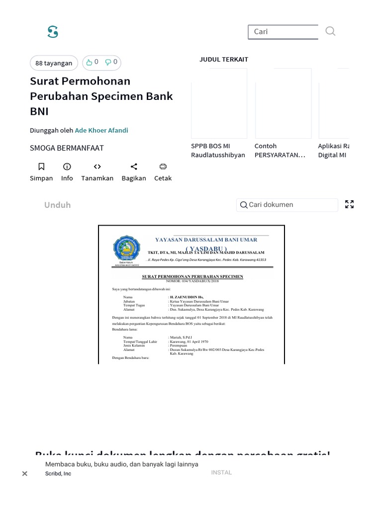 Surat Permohonan Perubahan Specimen Bank BNI PDF | PDF