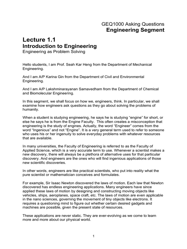 GEQ1000 Engineering Transcript 1 1 Introduction To Engineering | PDF ...