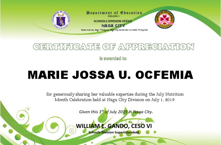 Cert Appreciation Nutri Month | PDF