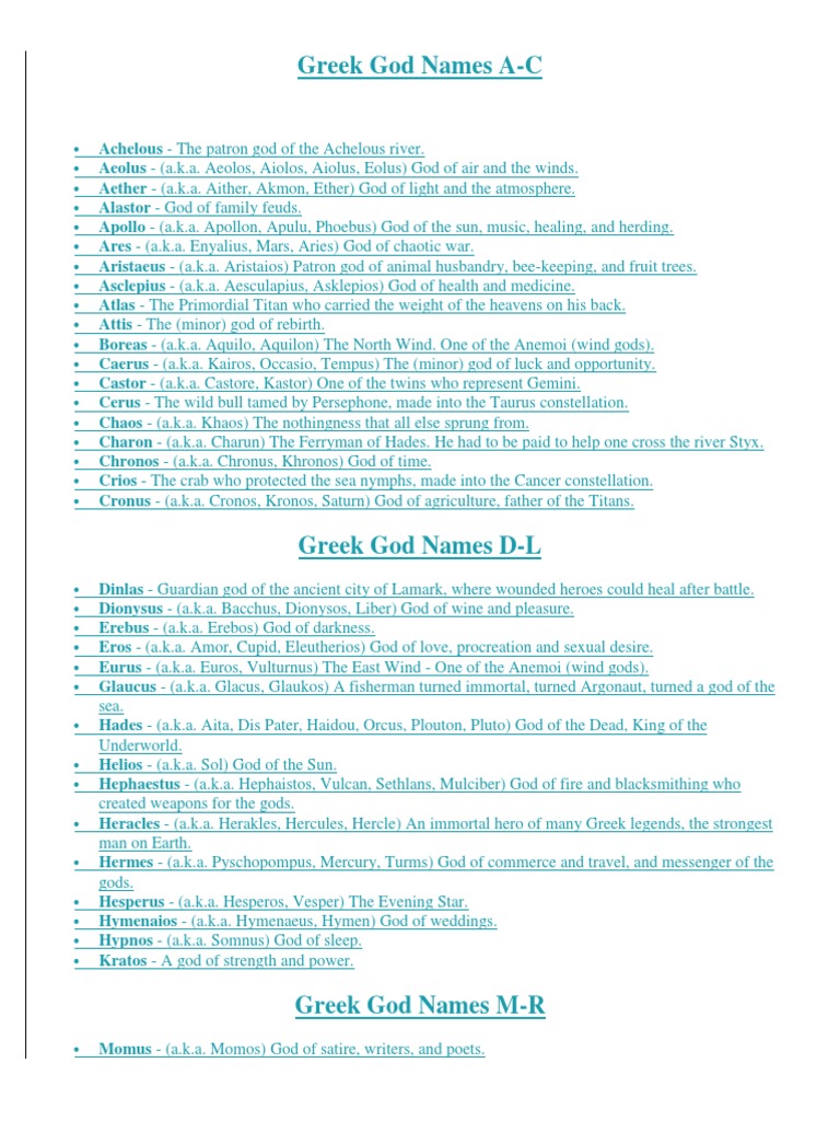 Greek God Names A-C: Sea. Underworld | PDF | Polytheism | Ancient Roman ...