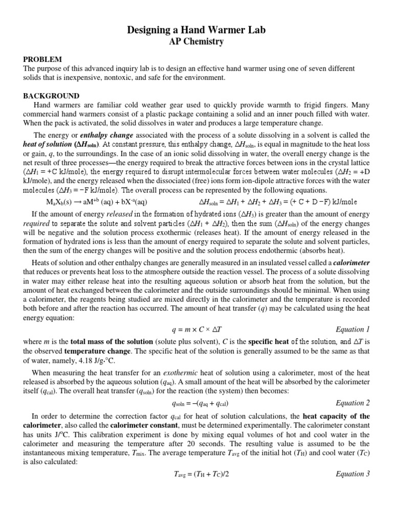 Designing an Effective Hand Warmer Lab | PDF | Solution | Heat