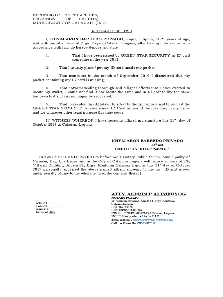 Affidavit of Loss: Request for Replacement of Lost ID Card | PDF ...