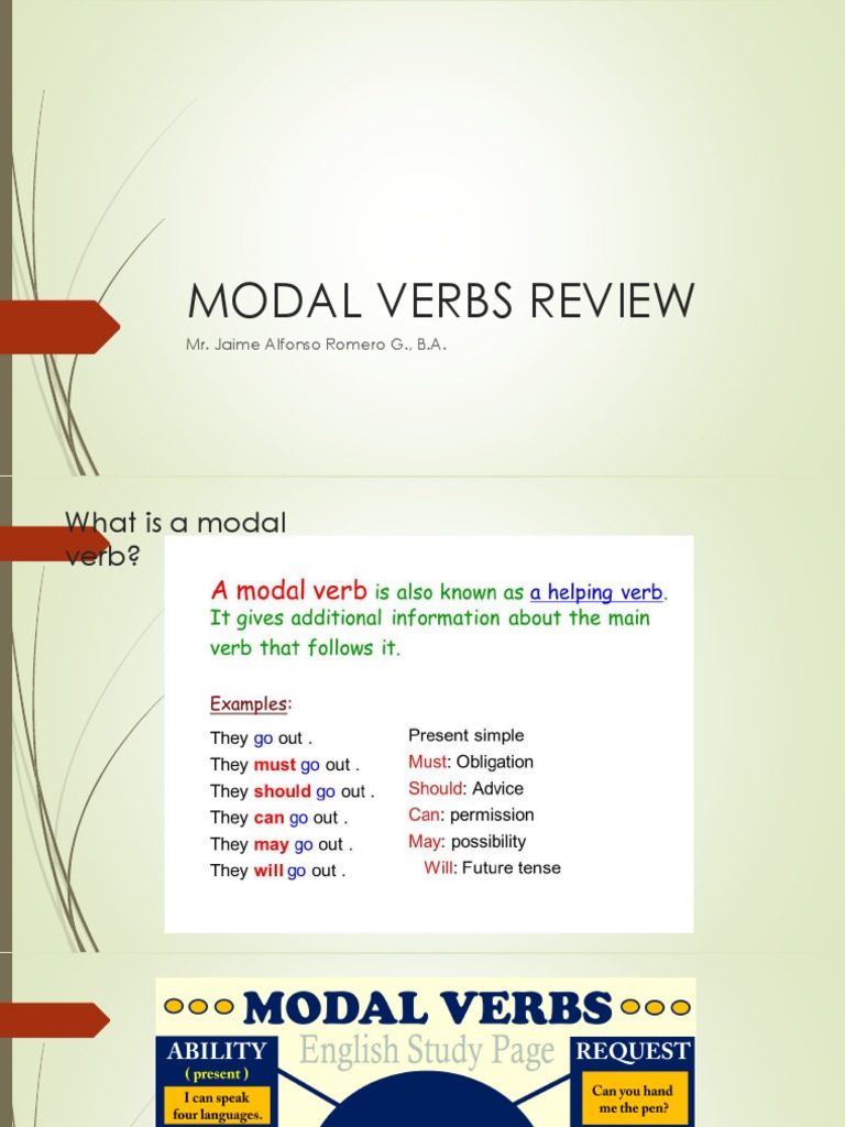 Modal Verbs Review: Mr. Jaime Alfonso Romero G., B.A | PDF | Language ...