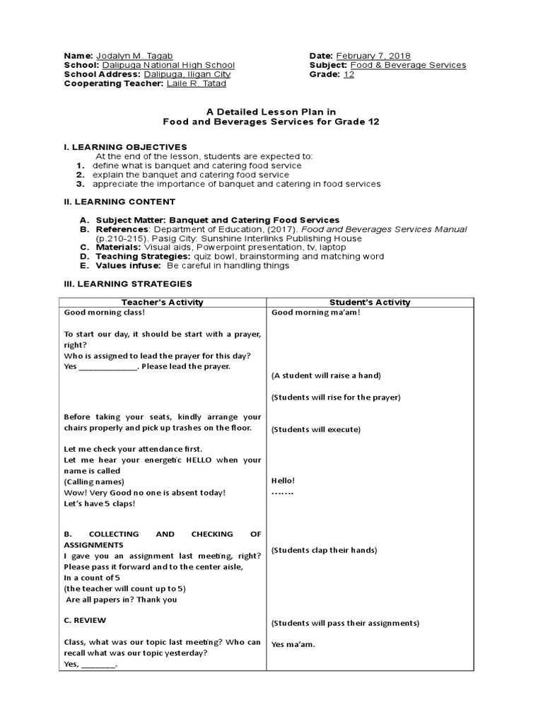 FBS LESSON PLAN 3.1 | Lesson Plan | Restaurants