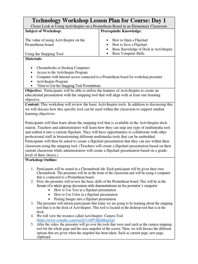 Technology Workshop Lesson Plan For Course: Day 1 | PDF | Chromebook ...