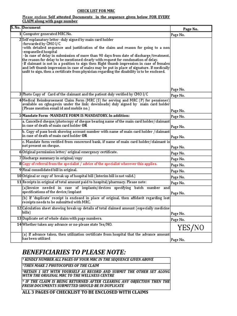 MRC Medical Reimbursement Checklist | PDF | Invoice | Physical Therapy