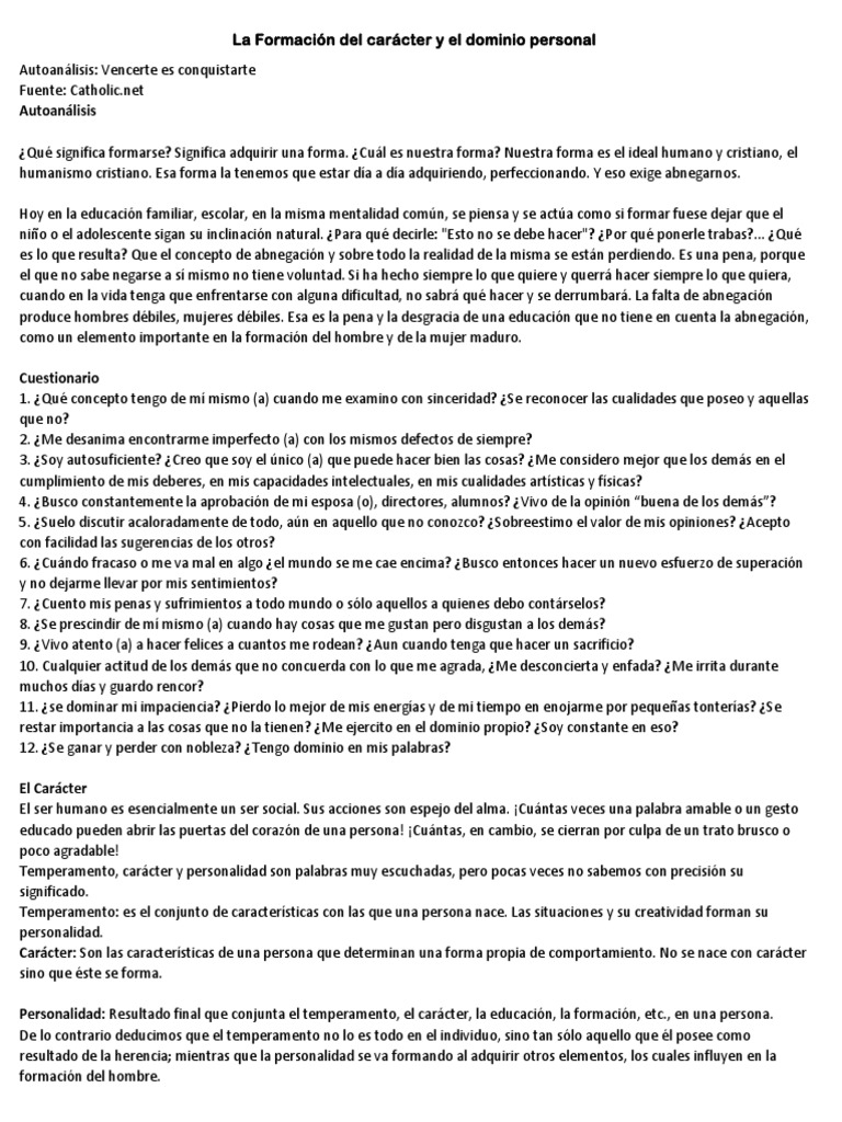 La Formación Del Carácter y El Dominio Personal | PDF | Temperamento ...
