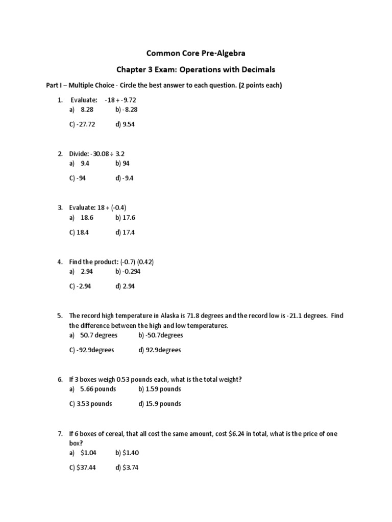 Common Core Pre-Algebra Chapter 3 Exam: Operations With Decimals | PDF ...