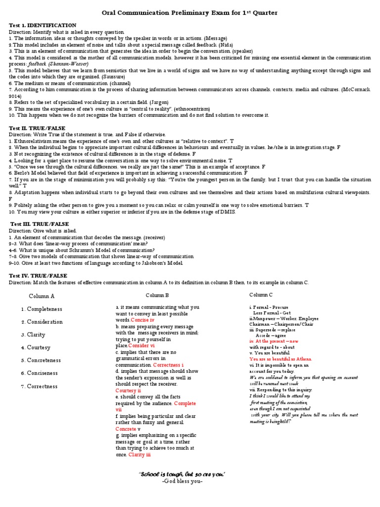 Oral Communication Preliminary Exam | PDF | Human Communication ...