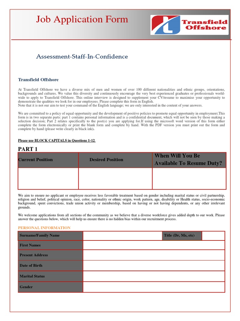 Transfield Offshore Job Assessment Form | PDF | Disability | Equal ...