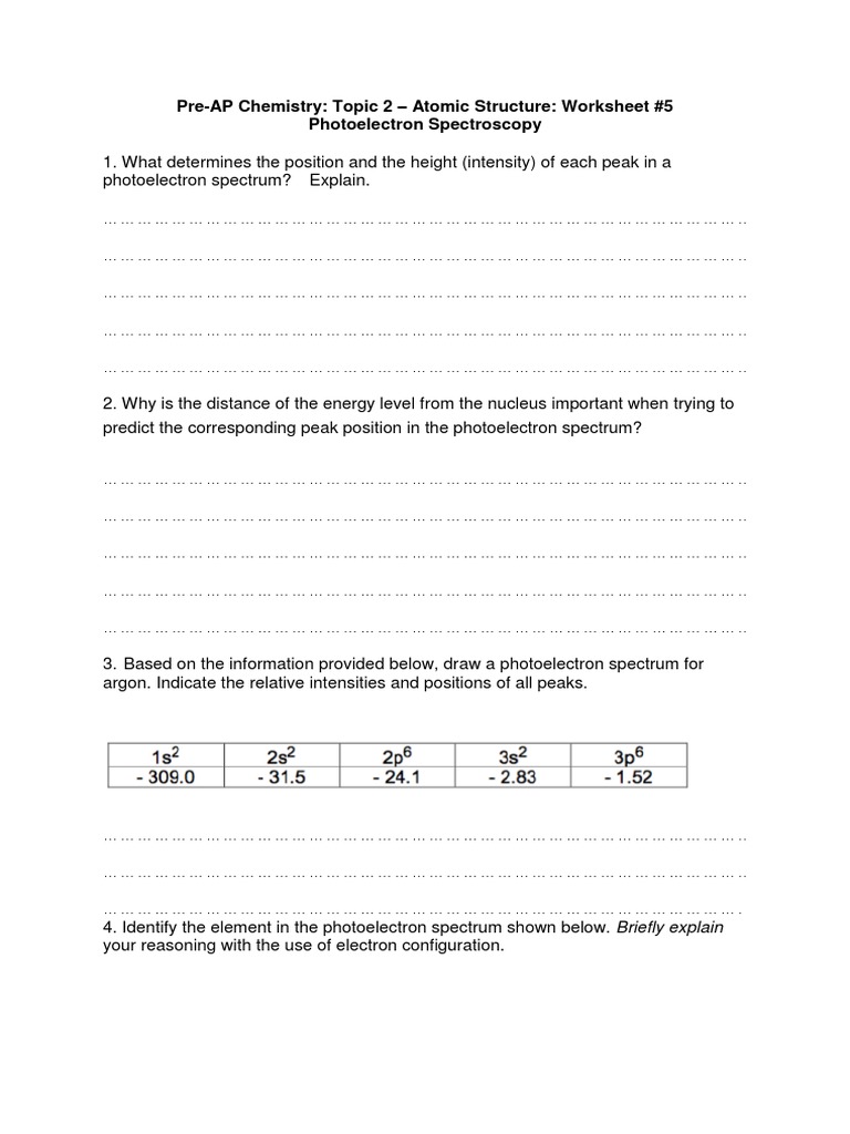 5 Topic 2 Worksheet 5 Photoelectron Spectroscopy ST | PDF | Electron ...