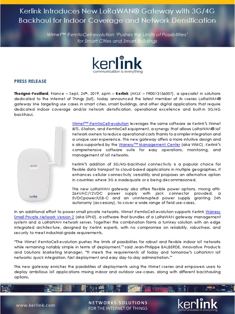 Kerlink NR Wirnet-Ifemtocell Vdef-1 | PDF | Internet Of Things | Gateway (Telecommunications)