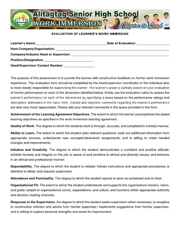 Evaluation Sheet Work Immersion | PDF | Rubric (Academic) | Evaluation
