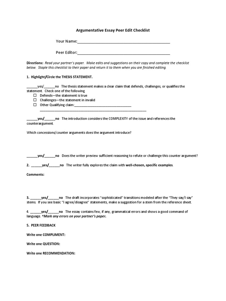 Argumentative Essay Peer Edit Checklist | PDF | Career & Growth | Business