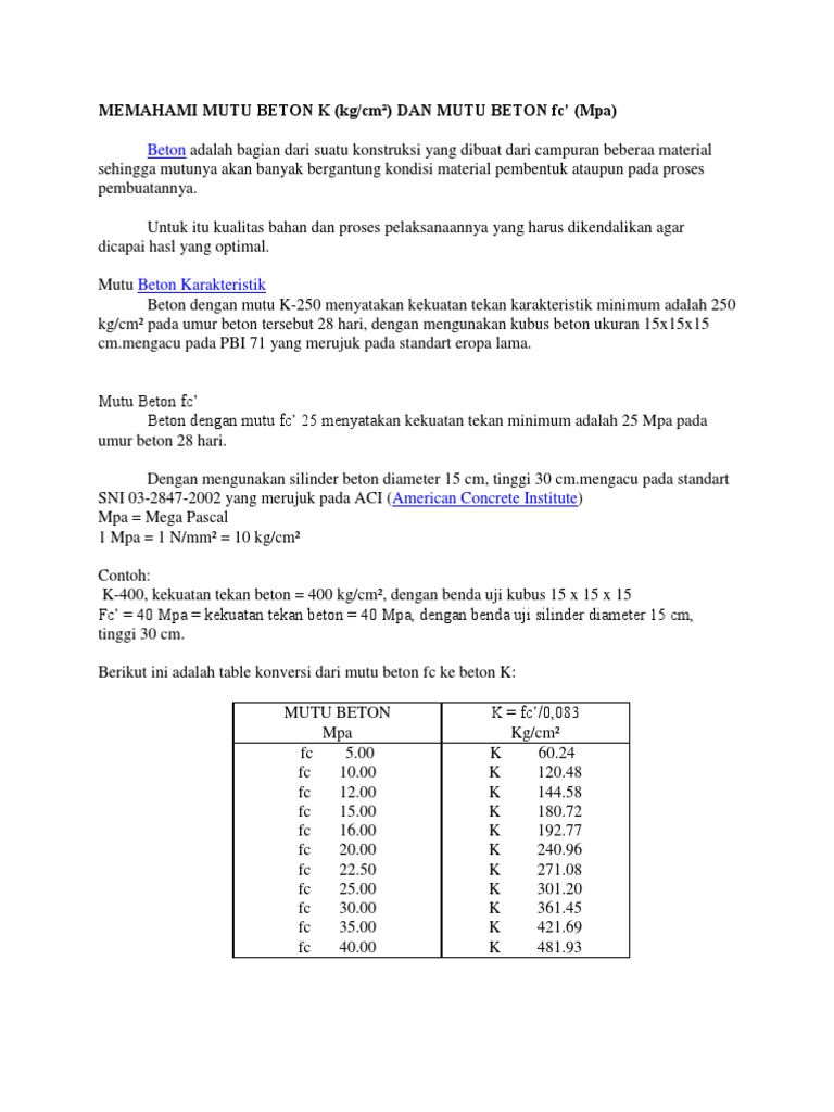 MEMAHAMI MUTU BETON K (KGCM ) DAN MUTU BETON FC' (Mpa) | PDF