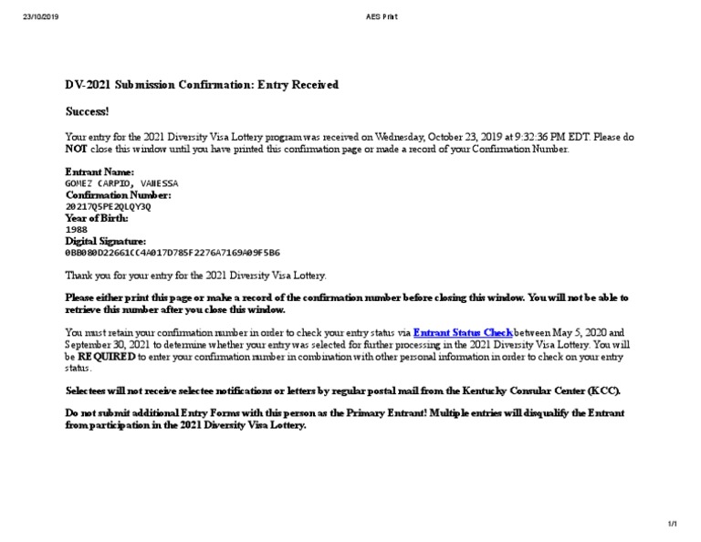 DV Lottery Entry Confirmation | PDF