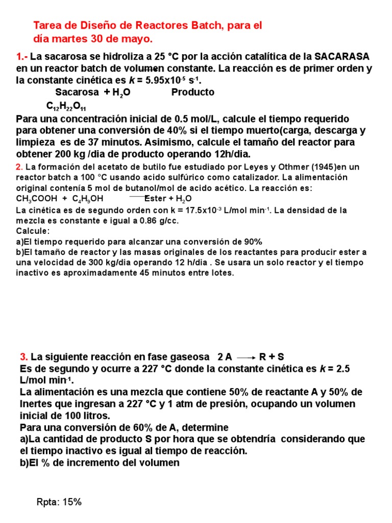 Tarea de Fundamentos de Diseño de Reactores | PDF | Reactor Quimico ...