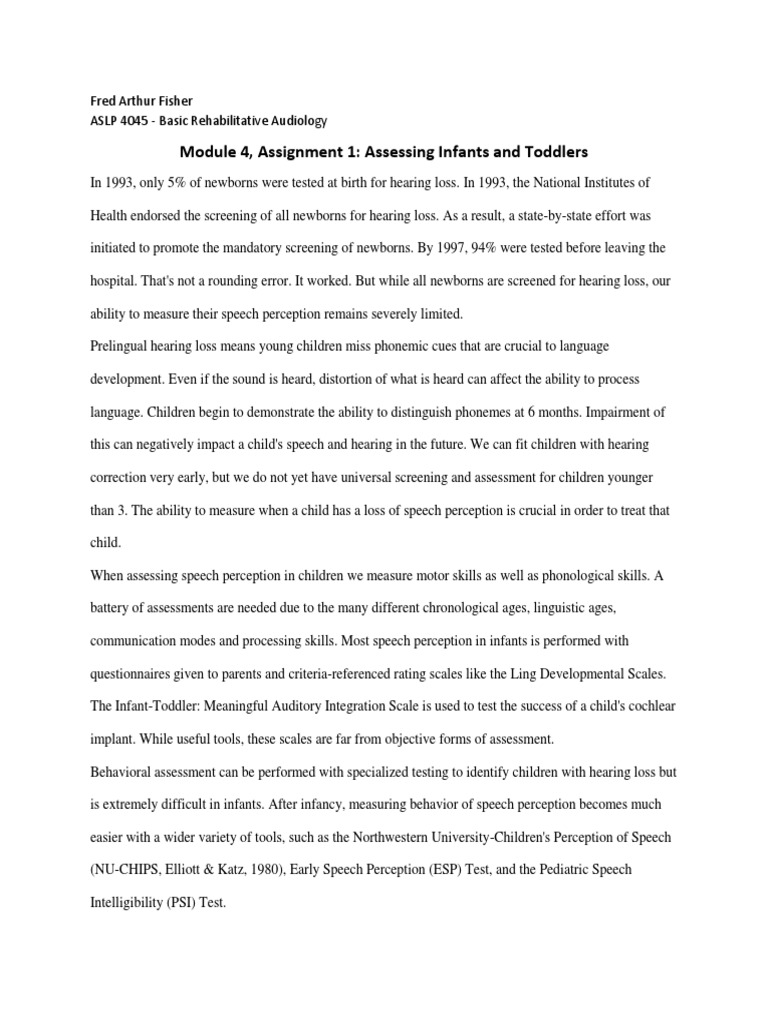 Module 4, Assignment 1 - Assessing Infants and Toddlers | PDF | Hearing Loss | Speech