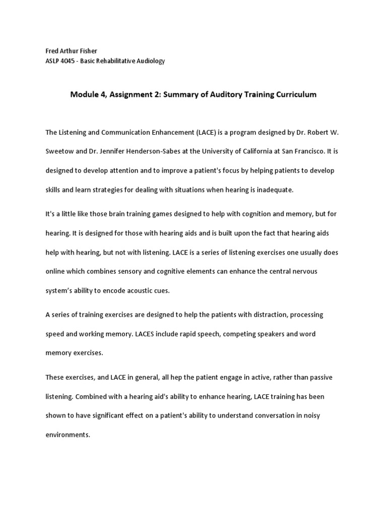 Module 4, Assignment 2 - Summary of Auditory Training Curriculum | PDF ...