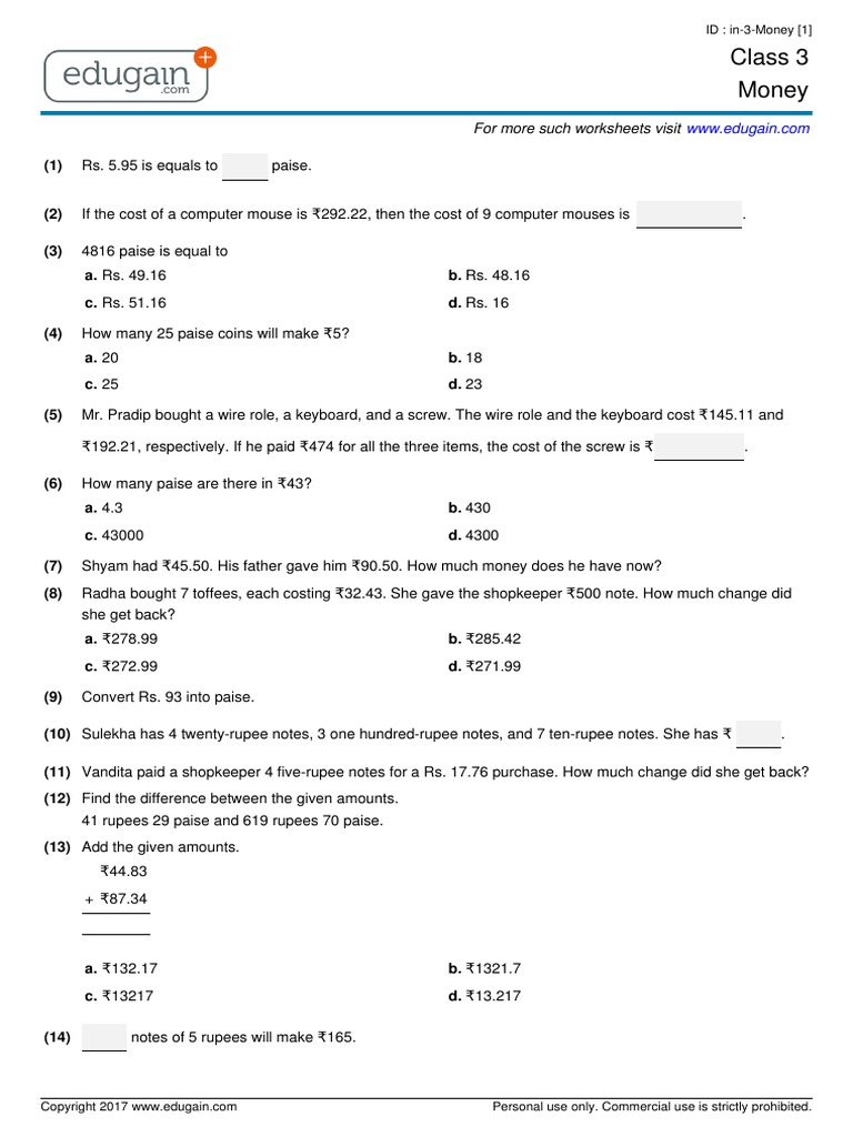 Class 3 Money: For More Such Worksheets Visit Paise. | PDF | Rupee ...