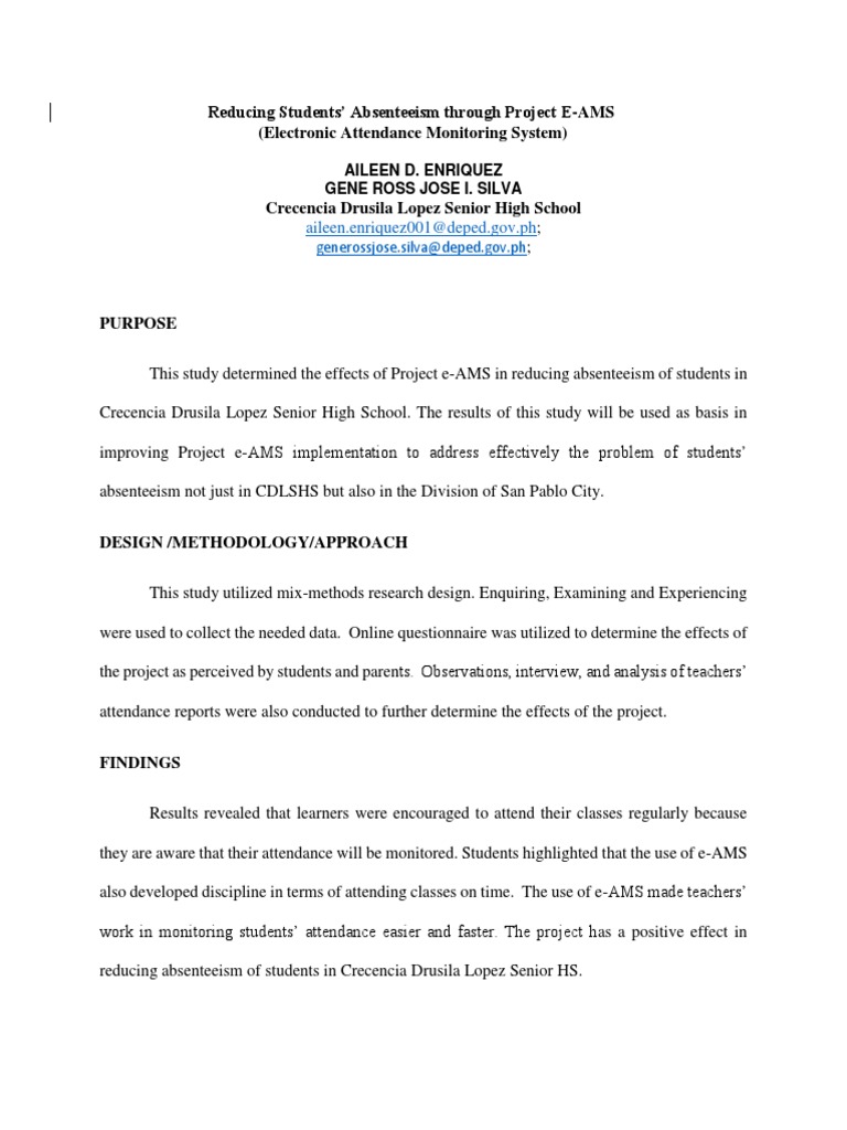 Reducing Students' Absenteeism Through Project E-AMS (Electronic ...