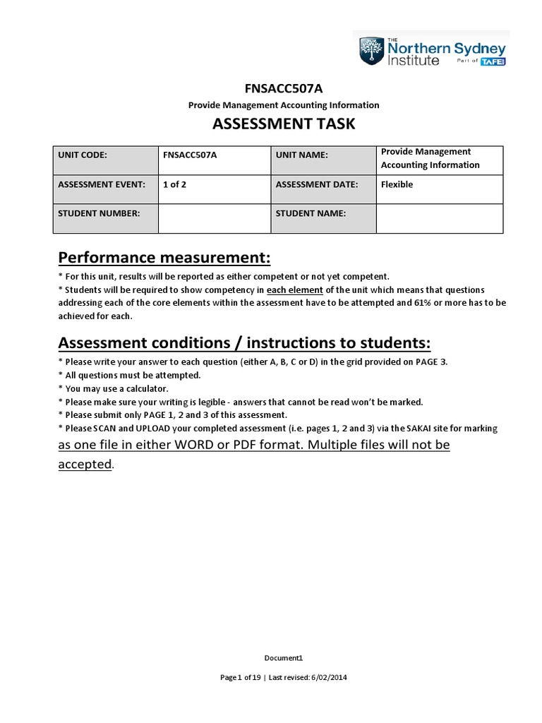FNSACC507A - Management Accounting - Assessment 1 - QUESTION and ANSWER ...