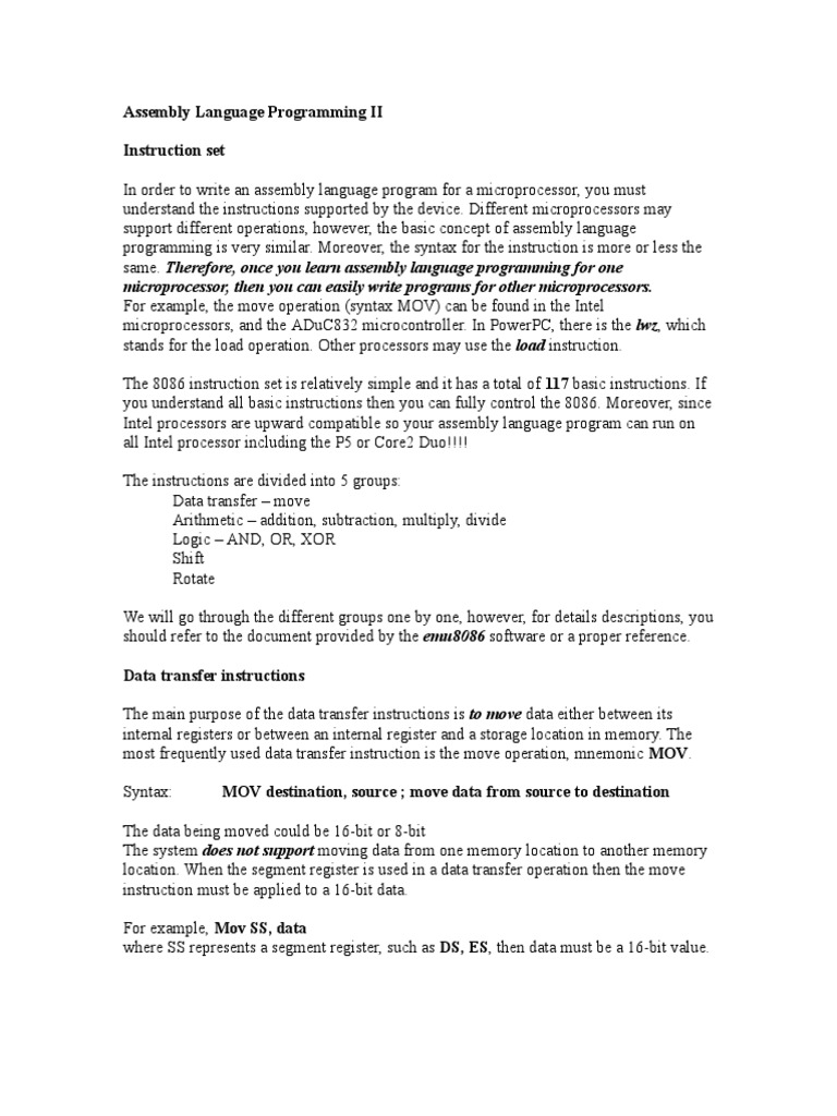 Assembly Language Programming II Instruction Set | PDF | Binary Coded Decimal | Microprocessor