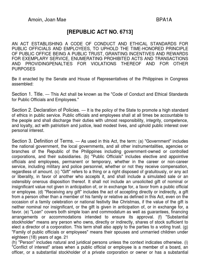 (Republic Act No. 6713) : Amoin, Joan Mae Bpa1A | PDF | Employment ...