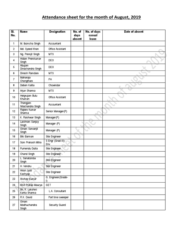 Attendance For The Month of August 2019 | PDF