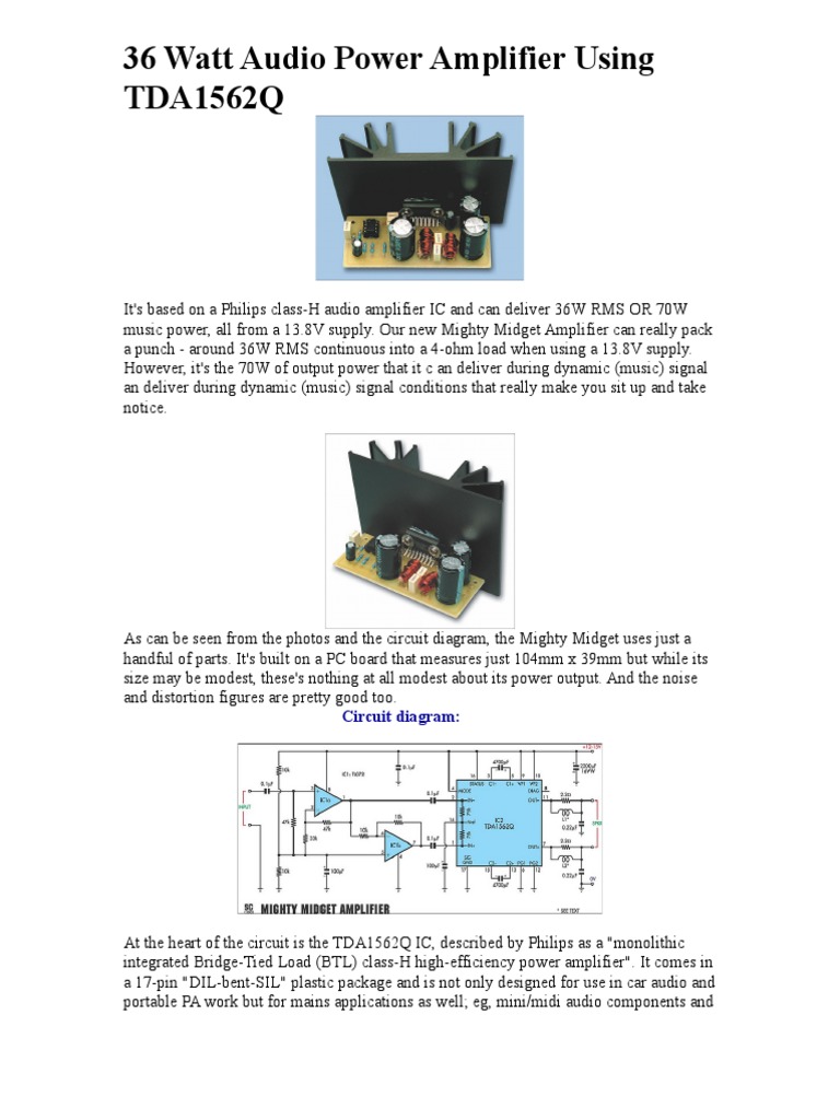 36 Watt Audio Power Amplifier Using TDA1562Q | PDF