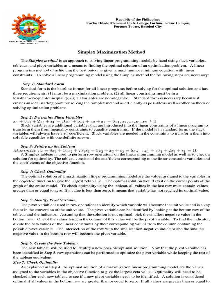 Simplex Maximization Method: Step 1: Standard Form | PDF | Linear Programming | Mathematical ...