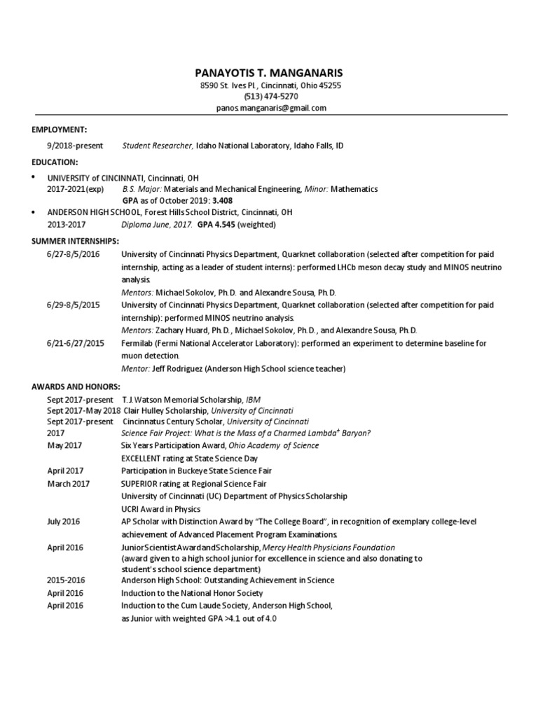 Panos Manganaris CV October 2019 | PDF | Physics | Advanced Placement