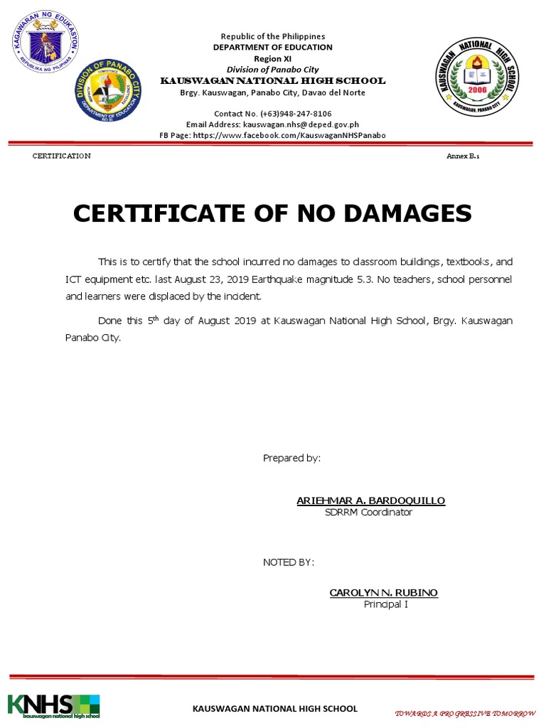 Certificate of No Damages in Earthquake | PDF | Earthquakes | Behavior ...