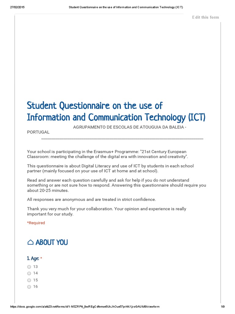 Questionnaire Student Questionnaire On The Use Of Information And