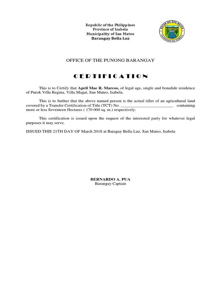 Certification: Office of The Punong Barangay | PDF