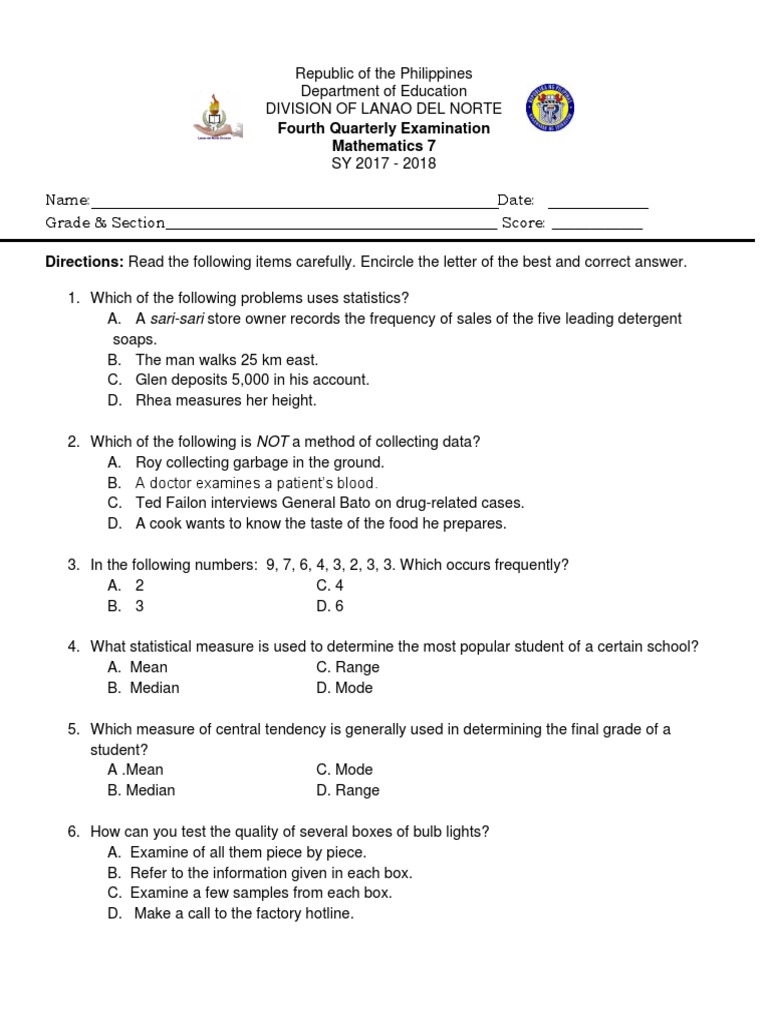 Math 7 Quarter 4 | PDF | Median | Mean