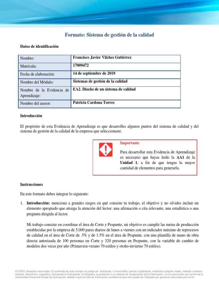 Vilches Javier SGC EA2 | PDF | Gestión de la calidad | Calidad (comercial)