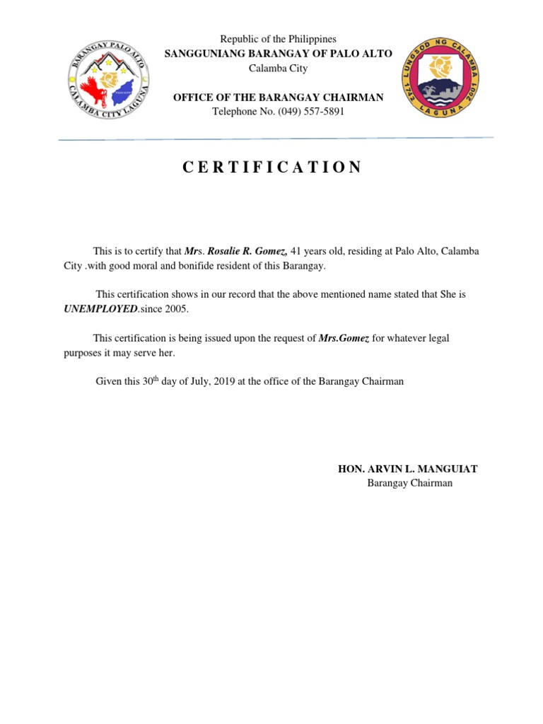 Unemployment Certification for Rosalie Gomez | PDF