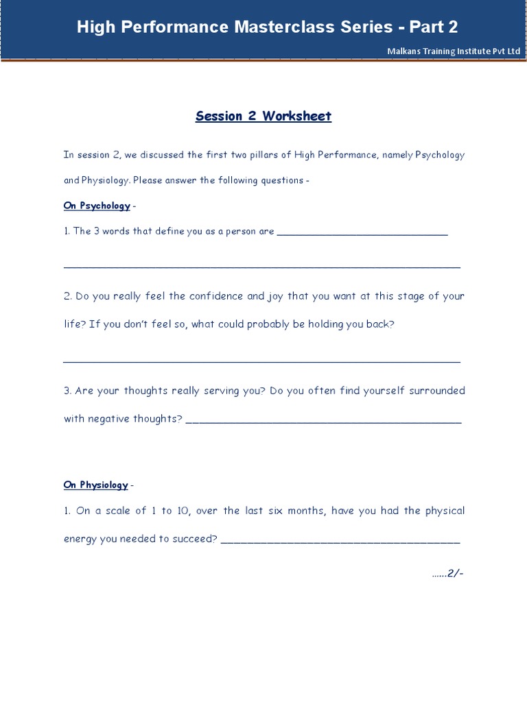 High Performance Session #2 Worksheet | PDF