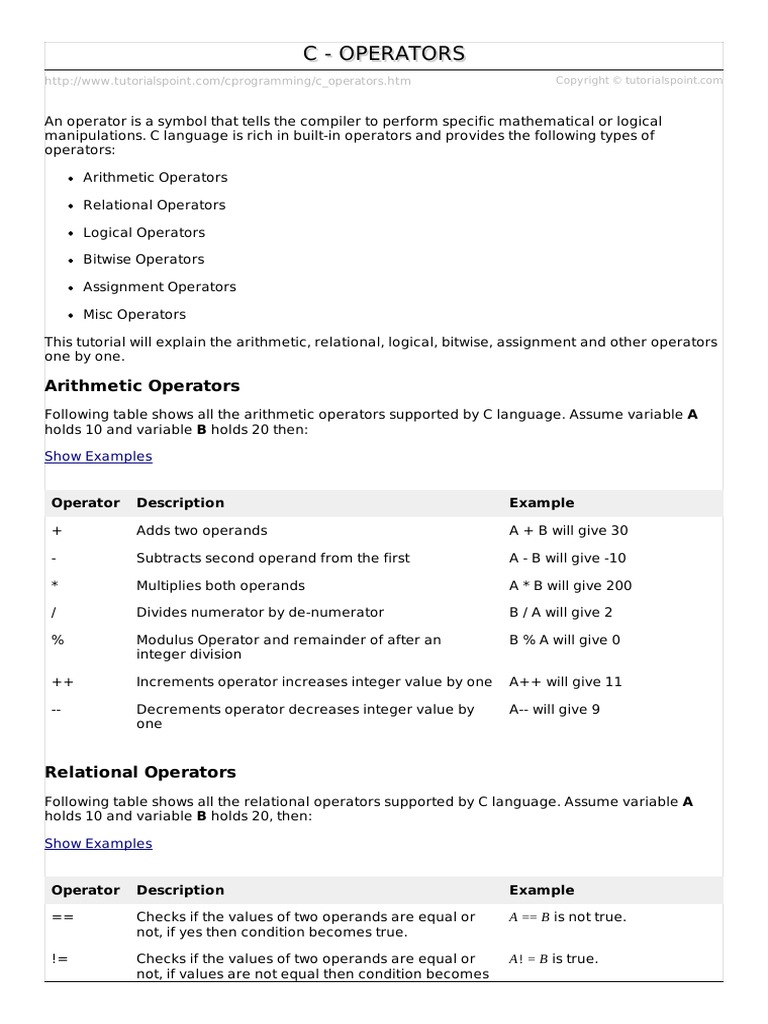 C Operators PDF | Download Free PDF | Computer Programming | Notation