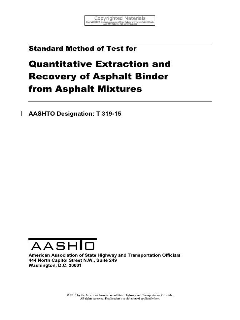 AASHTO 319 - Extraction and Recovery of Bitumen | PDF