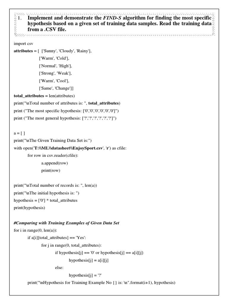 Lab1 FIND S | PDF | Comma Separated Values | Algorithms