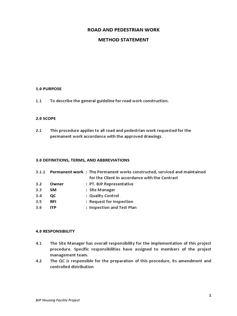 Road and Pedestrian Work Method Statement | PDF | Drainage | Excavation ...