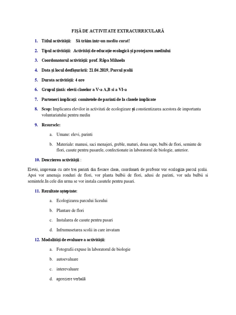 Fisa de Activitati | PDF