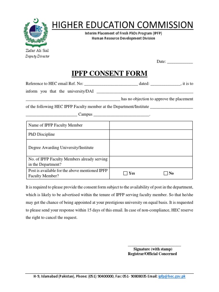 IPFP Consent Form for Faculty Placement | PDF