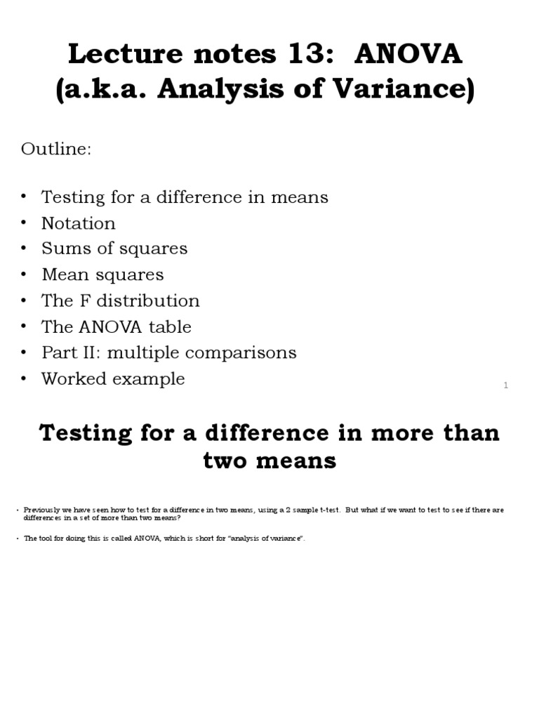 Lecture Notes 13 Anova Aka Analysis Of Variance Pdf Analysis Of Variance Errors And