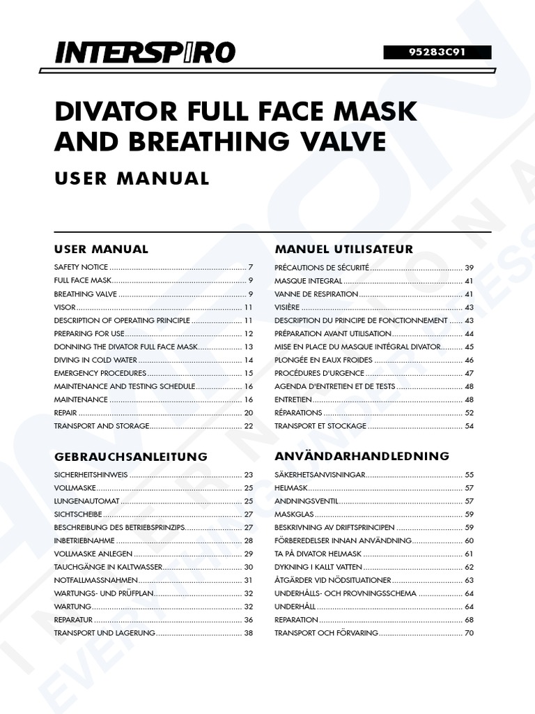 Interspiro Divator Full Face Mask and Breathing Valve User Manual | PDF ...