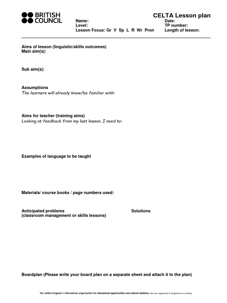 CELTA Lesson Plan: The Learners Will Already Know/be Familiar With ...