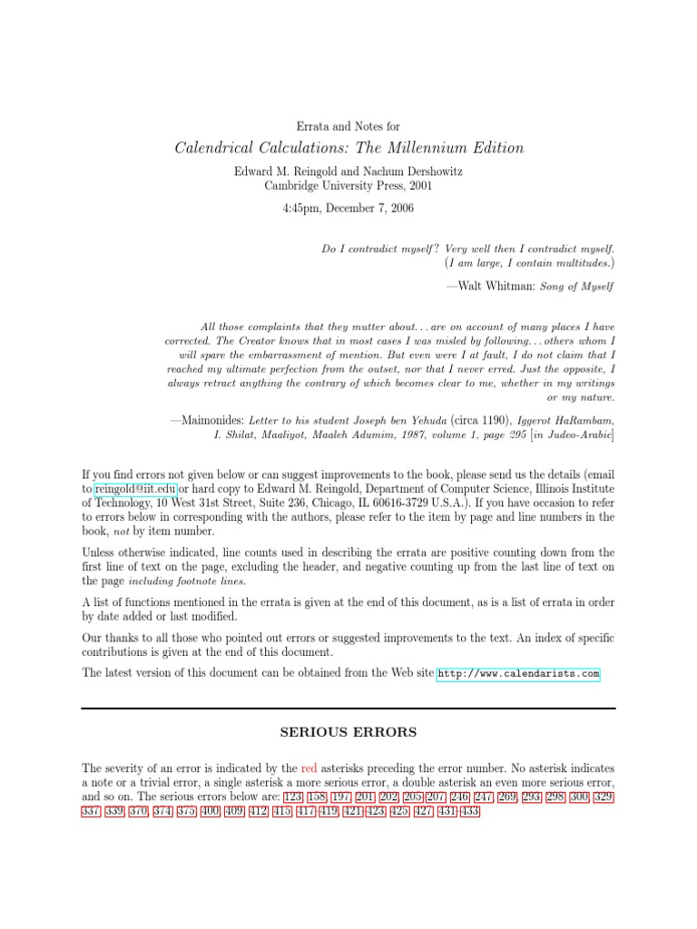 Calendrical Calculations: The Millennium Edition: Serious Errors | PDF ...